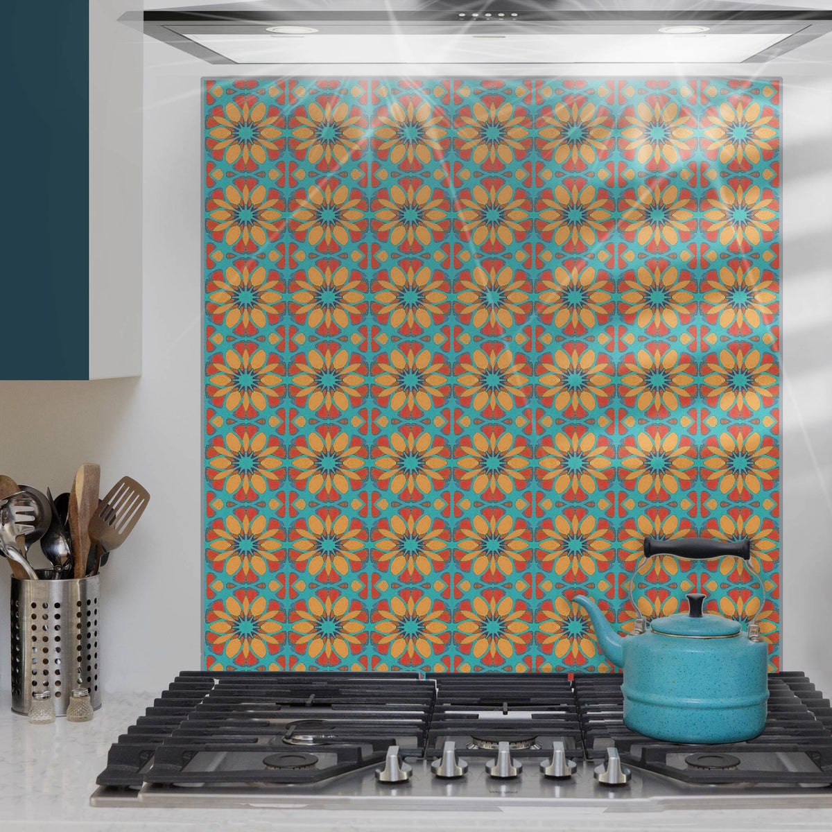 Moroccan Flower Kitchen Splashback - Orange & Teal – DoodlePippin