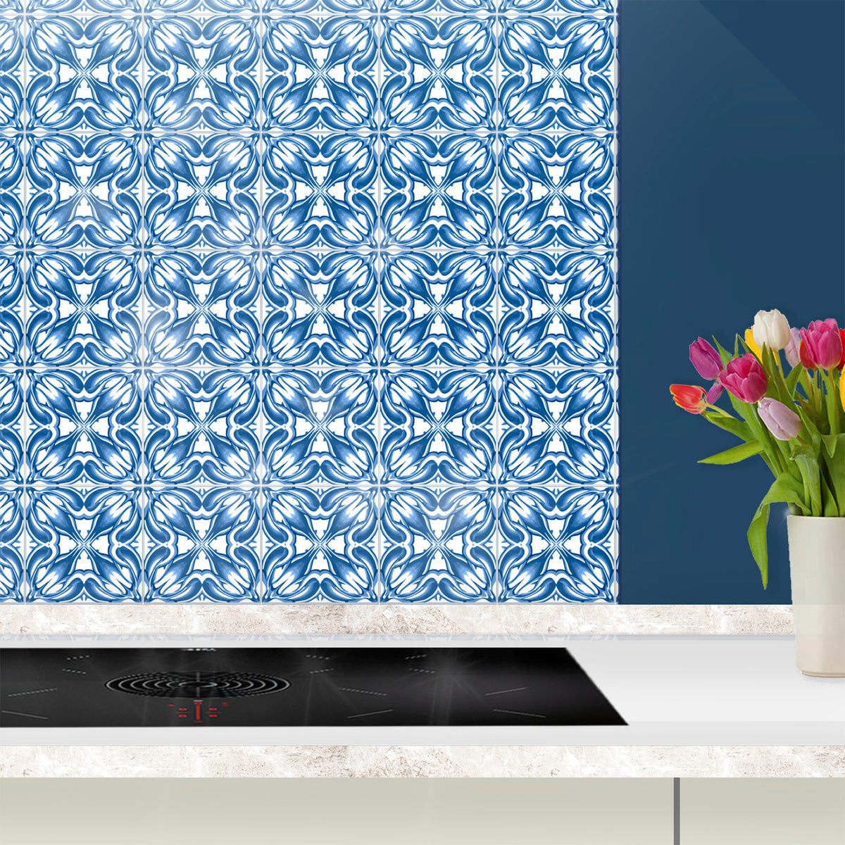 Blue Chrysanthemum Tile Kitchen Splashback - Navy & White – DoodlePippin